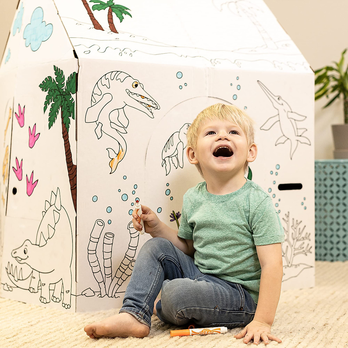 Easy Playhouse Cardboard Dinosaur House - Kids Art & Craft for Indoor & Outdoor Fun, Color Dino Species, 32inchesX26.5inchesX40.5inches