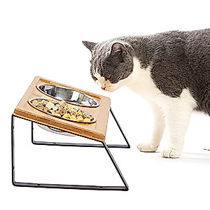 Elevated Cat Bowls, Tilted cat Food Bowls, 15°Tilted Raised Cat Food and Water Bowls, Customized Height Wall Mounted Elevated Pet Feeder，Bamboo Elevated Pet Feed Bowl Food for Cats and Puppy
