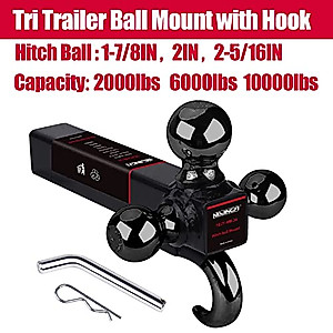 2" Trailer Hitch Tri Ball Mount with Hook 1-7/8", 2", 2-5/16" Black Plated Balls and Hook with Pin