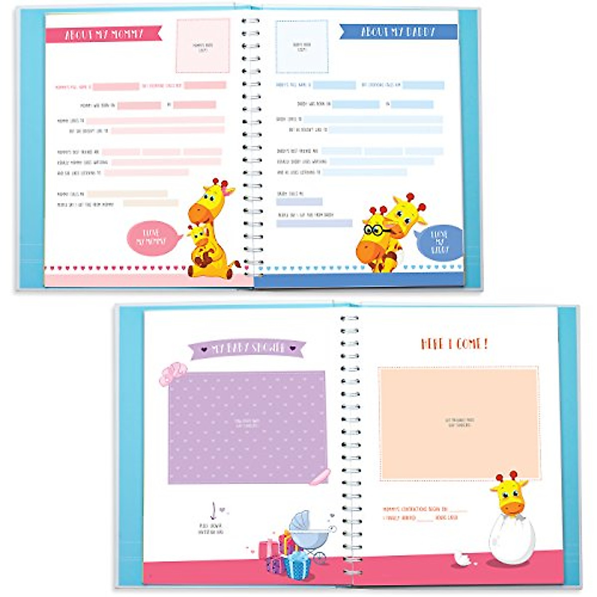 KiddosArt Baby Memory Book. Record Memories and Milestones of The First 5 Years On 72 Beautifully Drawn Pages Starring Lilly The Giraffe Blue. 12 Monthly Stickers Included.