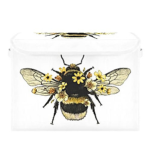 DOMIKING Bee Large Storage Bin with Lid Collapsible Shelf Baskets Box with Handles Organizing Container for Nursery Drawer Shelves Cabinet
