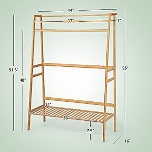 GOFLAME Bamboo Garment Rack, Heavy Duty Clothes Rack w/Top Shelf, Hanging Rod, Shoe Storage Shelf, Side Hooks, Freestanding Coat Rack, Clothing Storage Organizer for Bedroom Living Room