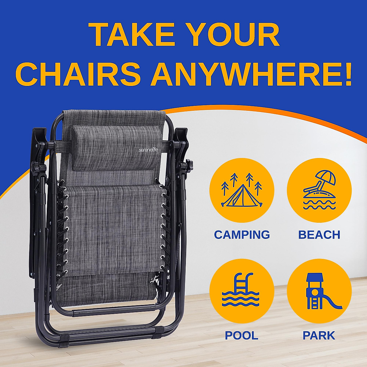 SereneLife Zero Gravity Chairs Set of 2 - Adjustable Mesh Lawn Chairs - Outdoor Lounge Chairs with Side Table 2 Cup Holders - Foldable Outdoor Chair with Removable Pillows - Mixed Grey