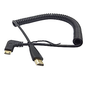 SinLoon Angle 90 Degree Right Mini HDMI to HDMI, Right Angled Mini-HDMI Male to HDMI Male Gold Plated Converter Adapter Coiled Spiral Cable,Support 3D, 1080P,1.5~10 Feet（90Mini-HDMI Right）