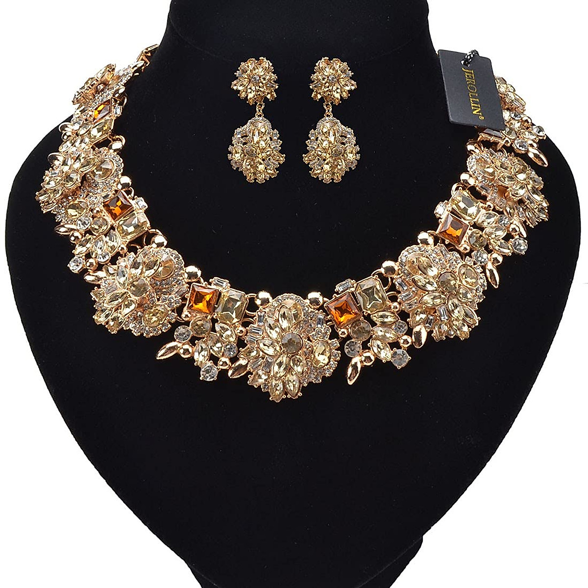 Vintage Crystal Rhinestone Statement Choker Bib Statement Necklace Earring Fashion Costume Jewelry Set for Women Champagne