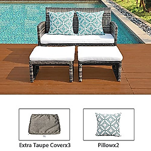 OC Orange-Casual Outdoor Loveseat Patio Furniture Rattan Conversation Set with Ottoman, White Cushions, Grey Wicker, Pillows Included
