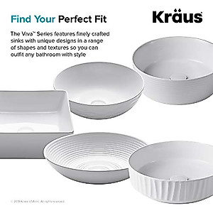 KRAUS Viva™ Round White Porcelain Ceramic Vessel Bathroom Sink with Pop-Up Drain, 15 3/4 in. D x 4 3/4 in. H, KCV-201GWH