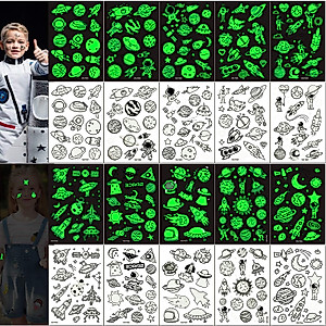 Konsait 140pcs Glow in The Dark Space Temporary Tattoo for Kids,Luminous Solar System Universe Outer Space UFO Temporary Tattoos for Boys Girls Stockings Stuffers Goody Filler Birthday Party Favor