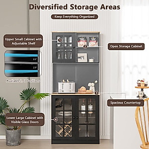 LOKO 72" Kitchen Hutch Storage Cabinet, Freestanding Pantry Buffet Cabinet with Glass Doors, Open & Closed Storage, 3-Position Adjustable Shelves, Tall Cupboard Storage Cabinet (Black)