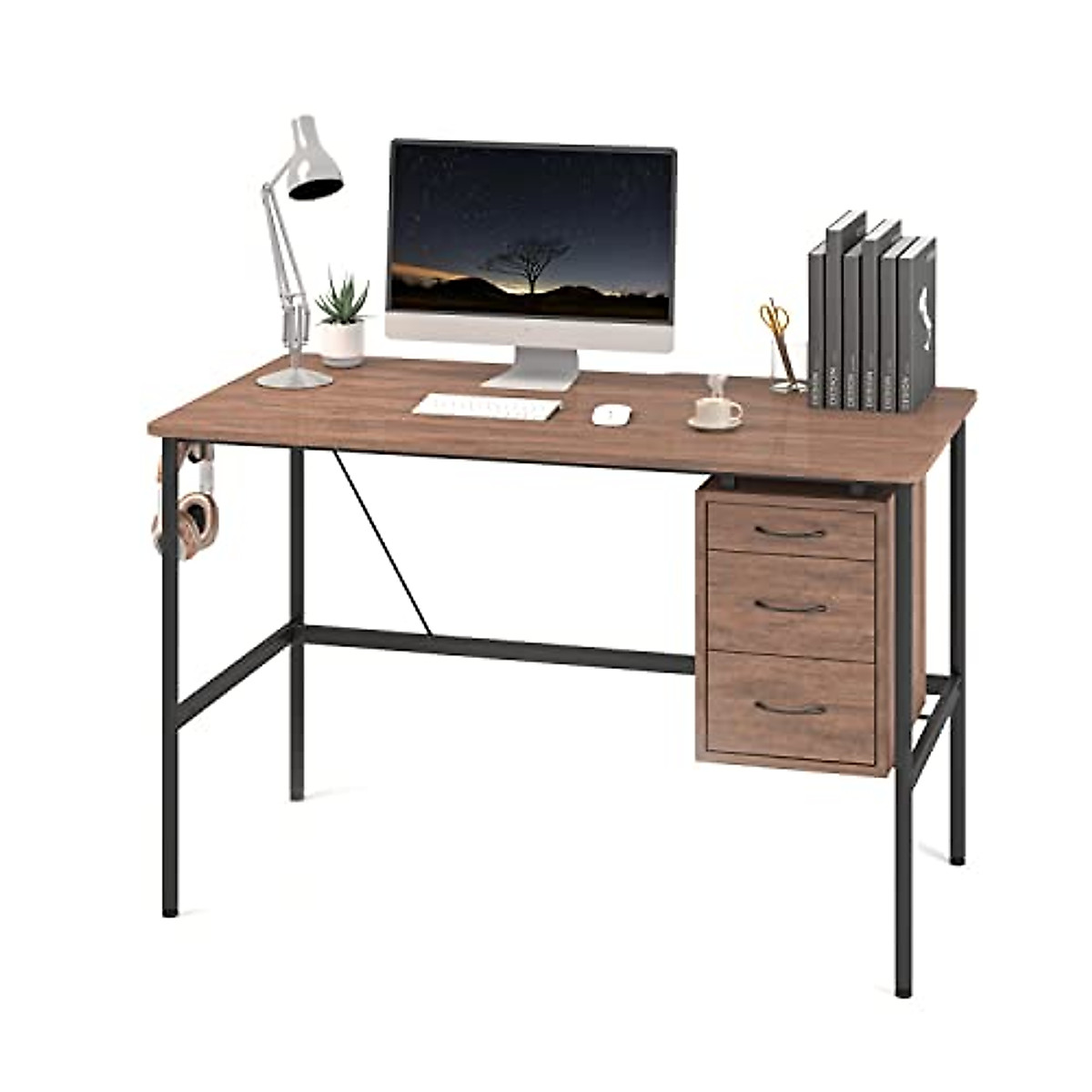 LINSY HOME Computer Desk 47 inch with 3 Drawer, Writing Desk Study Table with Monitor Stand Groove for Home Office, Brown