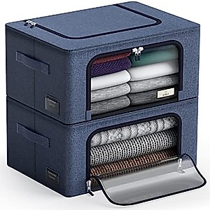 Sorbus Storage Bins with Metal Frame - Stackable & Foldable Clothes Organizer Bags - Oxford Fabric Storage Containers with Large Clear Window & Carry Handles, Organization for Bedroom, Closet, Bedding, Linens, sheet, Pillow, Blanket, Clothes, Books, and t