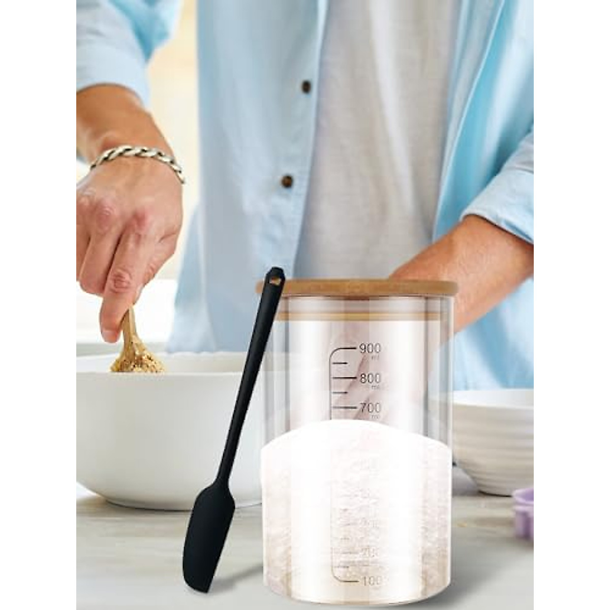 Ghojet 7Pcs Sourdough Starter Jar Kit with Scale 900ml Reusable Sourdough Starter Container with Bamboo Lid Multipurpose Wide Mouth Glass Sourdough Fermentation Jar for Sourdough Baking(Combination)