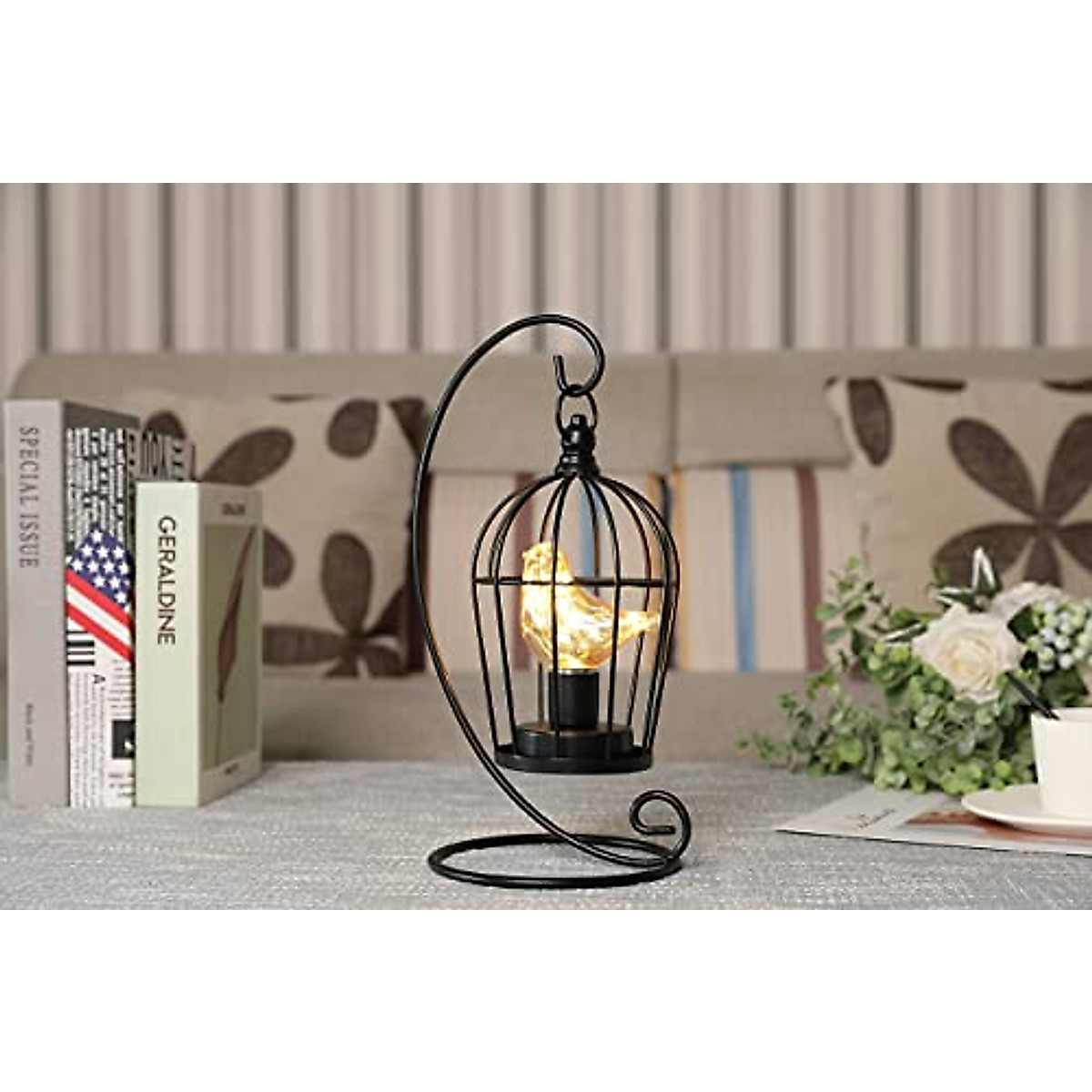 JHY DESIGN Birdcage Bulb Decorative Lamp Battery Operated 12" Tall Cordless Accent Light with Warm White Fairy Lights Bird Bulb for Living Room Bedroom Kitchen Wedding Xmas(Black)