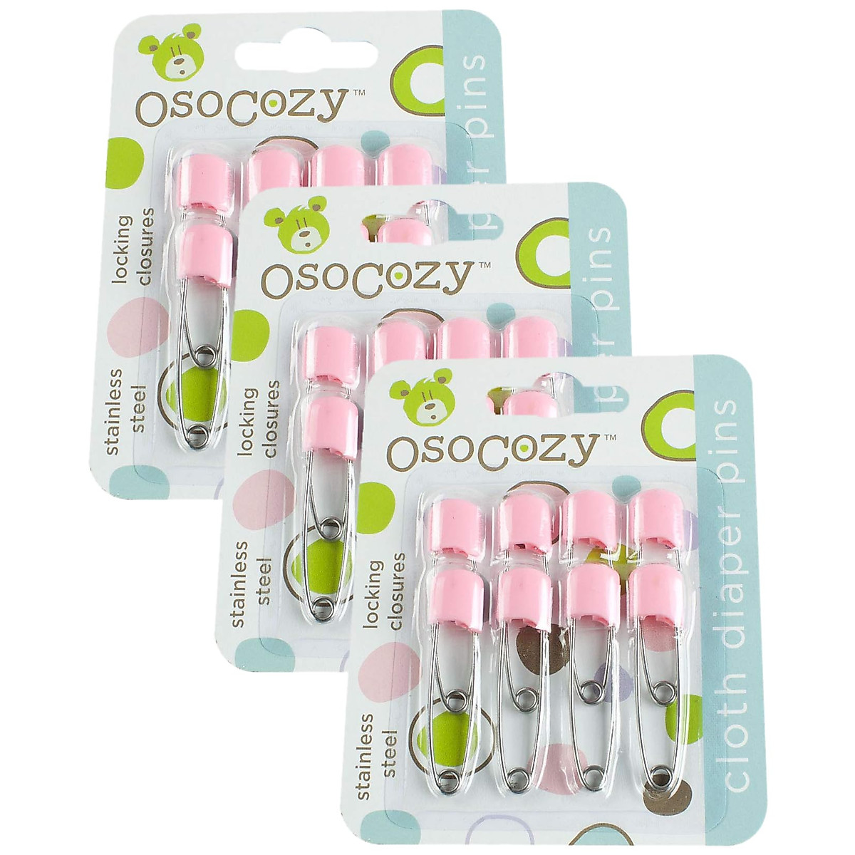 OsoCozy Diaper Pins - (Pink) - Sturdy, Stainless Steel Diaper Pins with Safe Locking Closures - Use for Special Events, Crafts or Colorful Laundry Pins, 8 Count (Pack of 3)