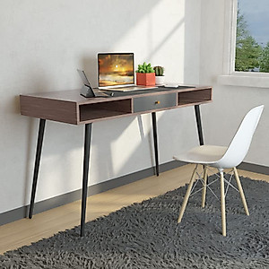 kevinplus Computer Writing Desk 46.8'' with Fast Charge USB Port & Power Outlet, Mid-Century Modern Study PC Desk with Type-C Ports Charging Station, Home Office Desk with Drawer, Walnut & Dark Grey