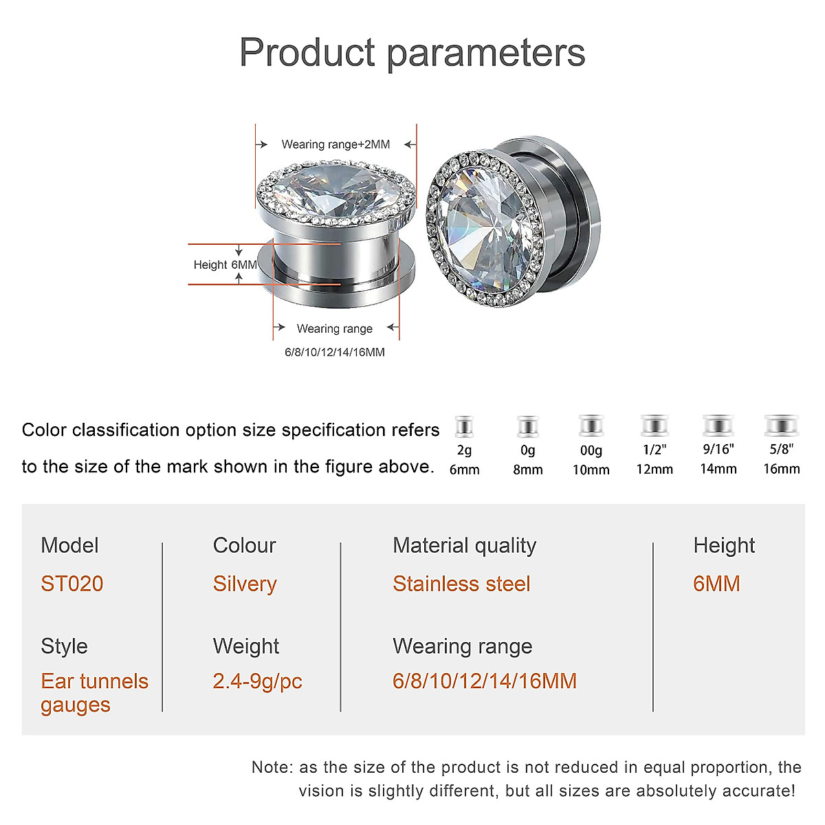 TBOSEN 6 PCS Big Cubic Zirconia Stainless Steel Screw Ear Gauges Plugs Tunnels Expander Body Piercing Jewelry Set