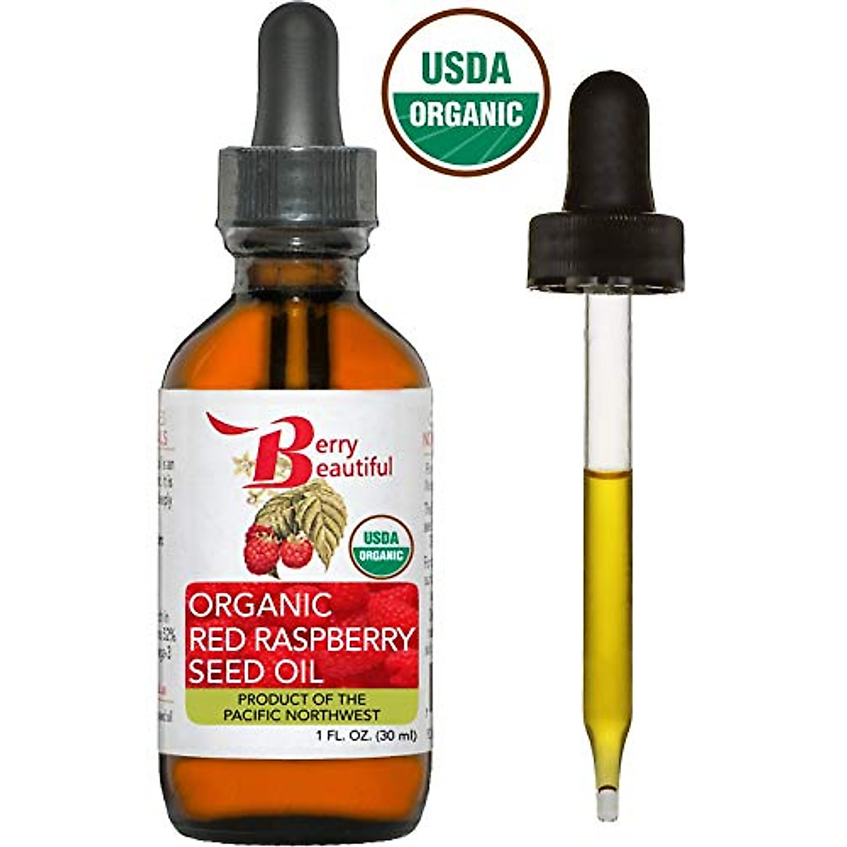 Berry Beautiful Certified Organic Red Raspberry Seed Oil - Cold-pressed from US grown raspberries (1 fl oz)