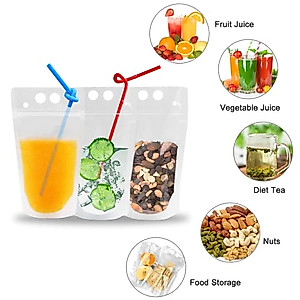 100PCS Drink Pouches with 100 Drink Straws, Reusable Smoothie Bags Juice Pouches, Heavy Duty Hand-Held Translucent Reclosable Zipper Plastic Ice Drink Pouches for Adults and Kids