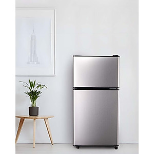 Kazigak 3.5 Cu.Ft Mini Fridge with Freezer, Double Door, Small Refrigerator,7-Level Adjustable Thermostat, Quiet Mini Fridge for Bedroom, Dorm, Office, Apartment Silver