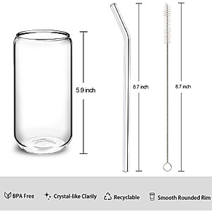 MOHARY Drinking Glasses with Glass Straw 4pcs Set - 16oz Glass Cups, Iced Coffee Glasses, Beer Glasses, Cute Reusable Bottle, Ideal for Whiskey, Cocktail, Tea, Water, Gift - 2 Cleaning Brushes