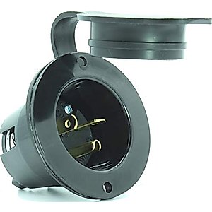 Journeyman-Pro 5378 20 Amp 120-125 Volt, NEMA 5-20P Flanged Inlet, 2500 Watt Black RV/Marine Commercial Grade, Straight Blade Plug Charger Receptacle (w/Back & Front Cover)