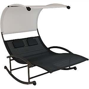Double Rocking Chaise Lounge Bed with Canopy and Pillows - Black