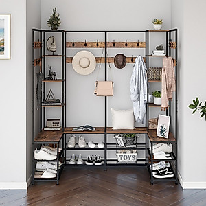 GiftGo Corner Hall Tree with Shoe Rack Storage Bench Display Open Shelves Modern Industrial Entryway Coat Rack Stand for Home Living Room Mudroom Bedroom Multifunctional 5 in 1 (Rustic Brown)