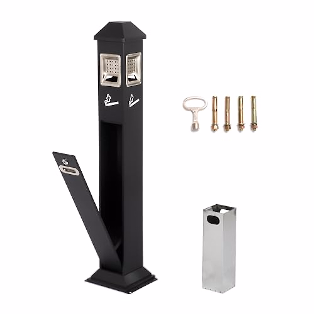 AIWFL Stainless Steel Vertical Trash Bin Outdoor Trash Cans Holder Waste Containers 1.2M Ash Bin w/Key (Black)