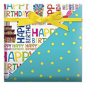 Current Happy Birthday Words with Dots Reversible Double-Sided Jumbo Gift Wrap Roll, 23 inches x 32 feet per roll