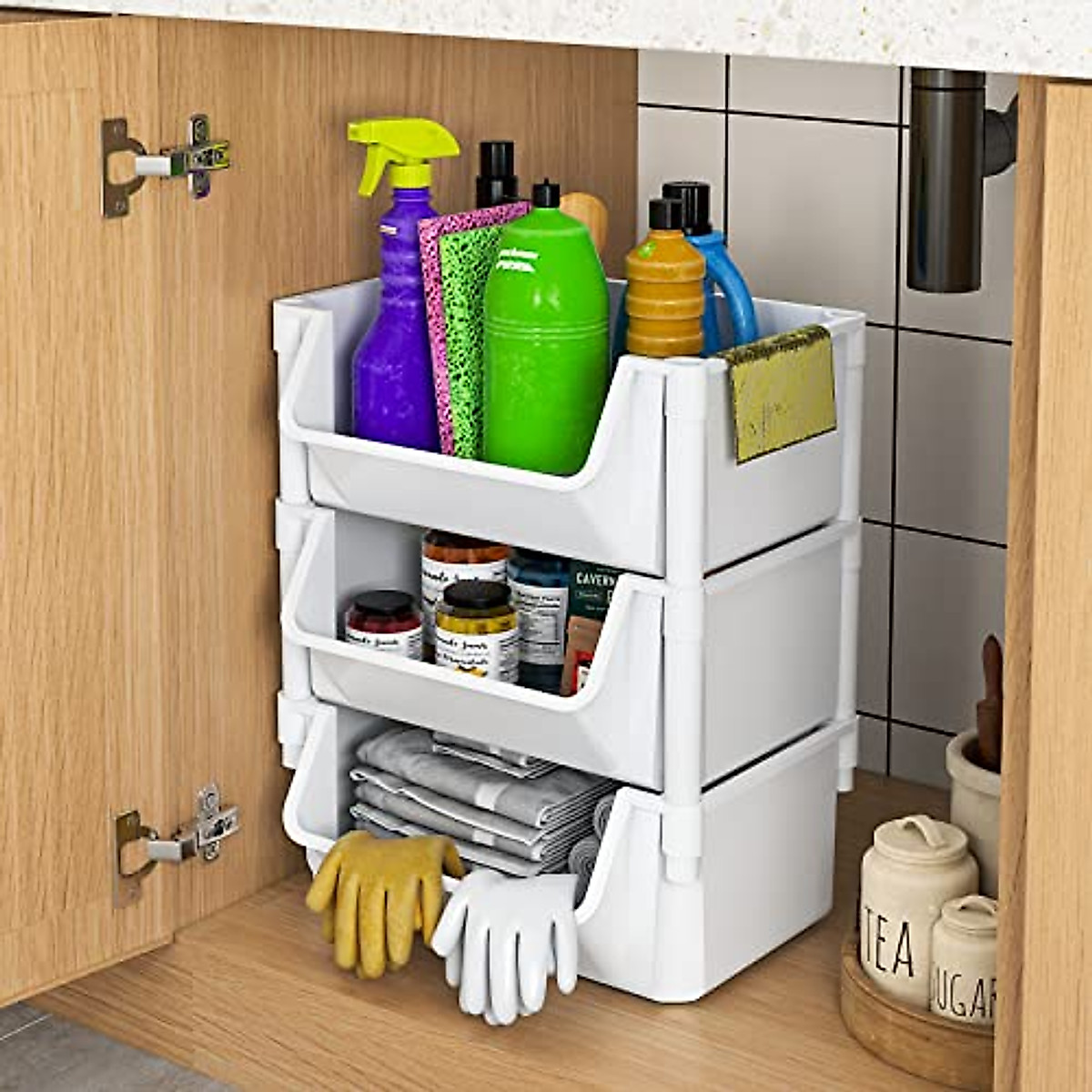 MAGINELS 3-Tier Plastic Rolling Utility Cart, Storage Rolling Cart with Lockable Wheels, Book Cart with 2 Hooks for Kitchen Bathroom Office Balcony Living Room, White