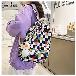 KOWVOWZ Kawaii Checkerboard Bear Backpack Girl Women Teen with Duck Pendant Cute College High School Backpack Laptop Bookbag (Black)