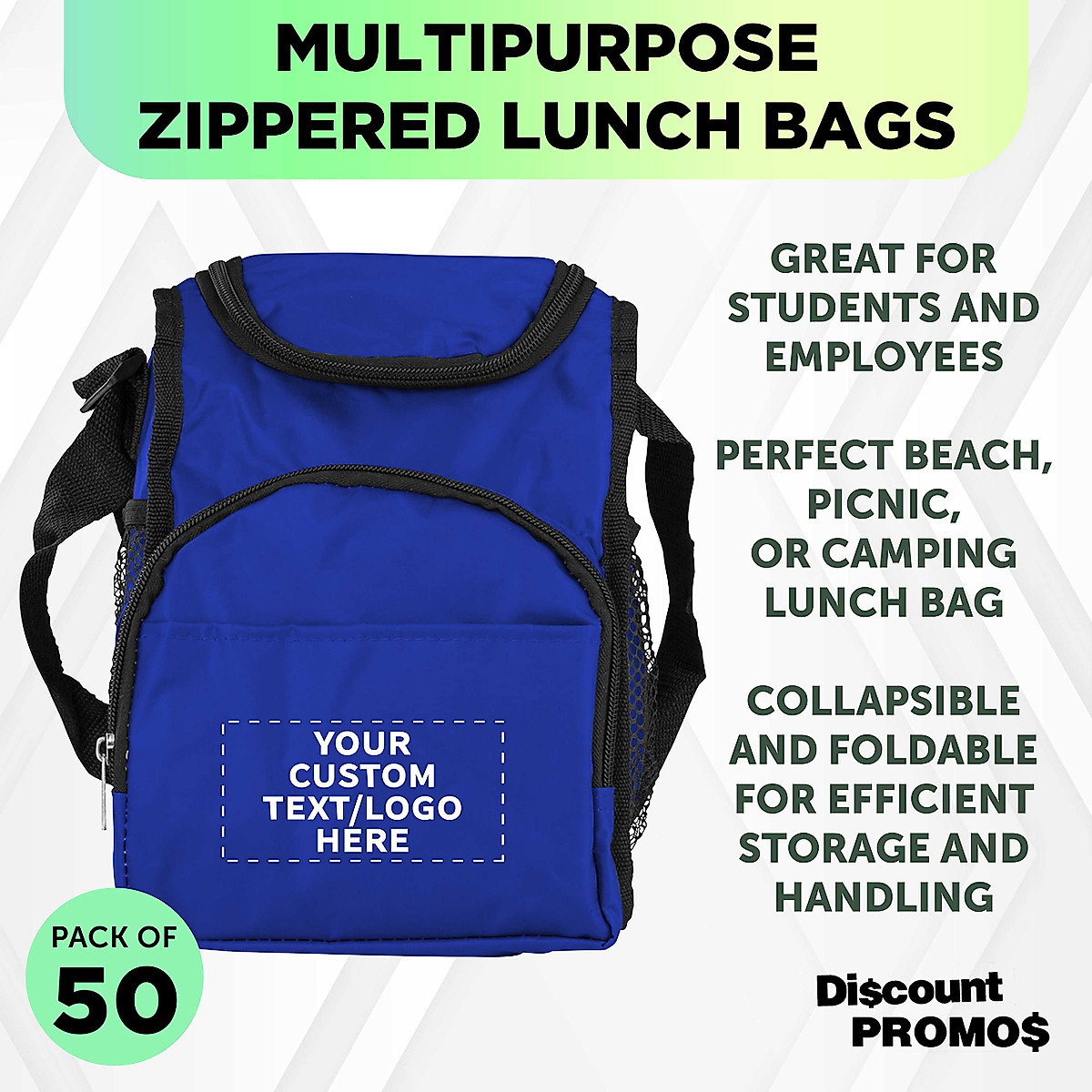 DISCOUNT PROMOS Custom Multipurpose Zippered Lunch Bags Set of 50, Personalized Bulk Pack - Meal Holder, Perfect for Work, Camping and Other Outdoor Events - Blue