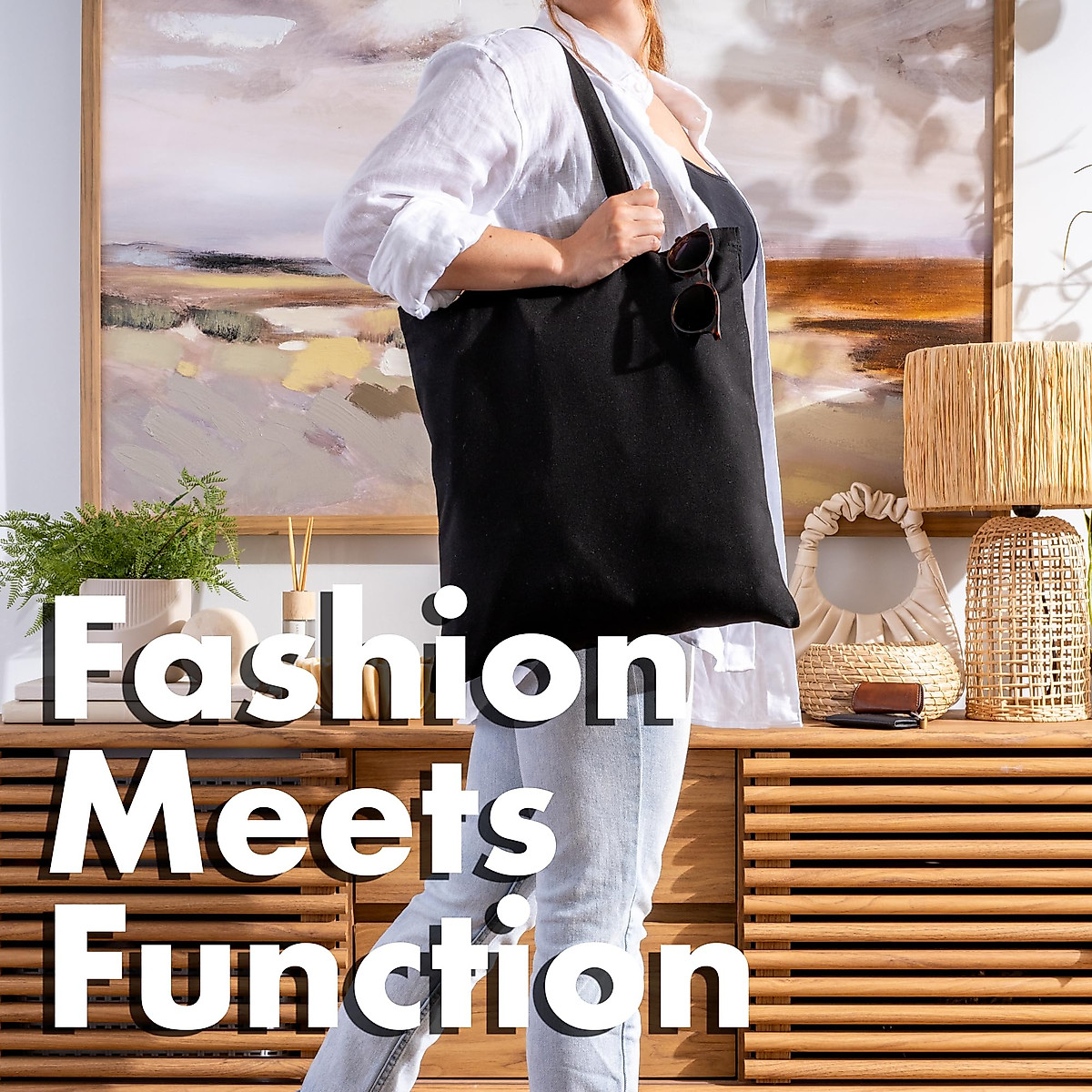 Carrywell (Not Made In China) Bulk Cotton Canvas Tote Bags, Lightweight Reusable Cloth Shopping Bag For Groceries, Promotions and Advertising, Blank Organic Cotton (1 Pack, Black)