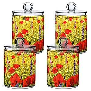 4 Pack Qtip Holder Dispenser Red Poppies and Yellow Flower Field Cotton Ball Cotton Swab Cotton Round Pads Floss Clear Bathroom Storage Containers Plastic Apothecary Jars with Lids