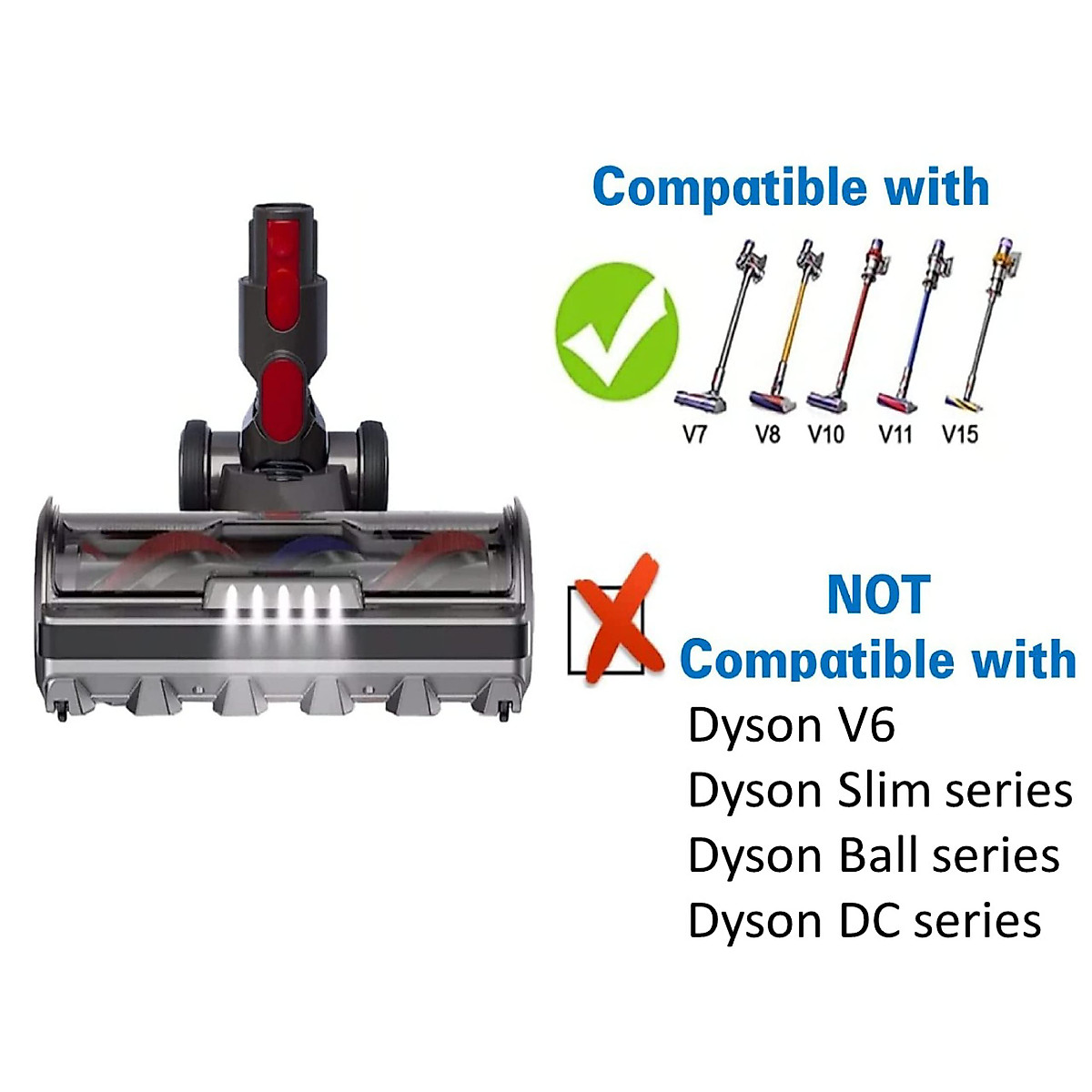 Motorhead Hardwood Floor Attachment for Dyson V7 V8 V10 V11 V15 Vacuum Cleaners with LED Headlights, Roller Cleaner Head Replacement Parts