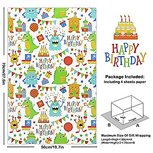Happy Birthday Little Monsters Wrapping Paper Set of 4 Sheets Folded Flat 20x28 inches Per Sheet For Boys Kids Girls Men Women, Colorful Gift Wrap Paper For all Birthday Party Baby Shower Kindergarten Celebrating Occasions