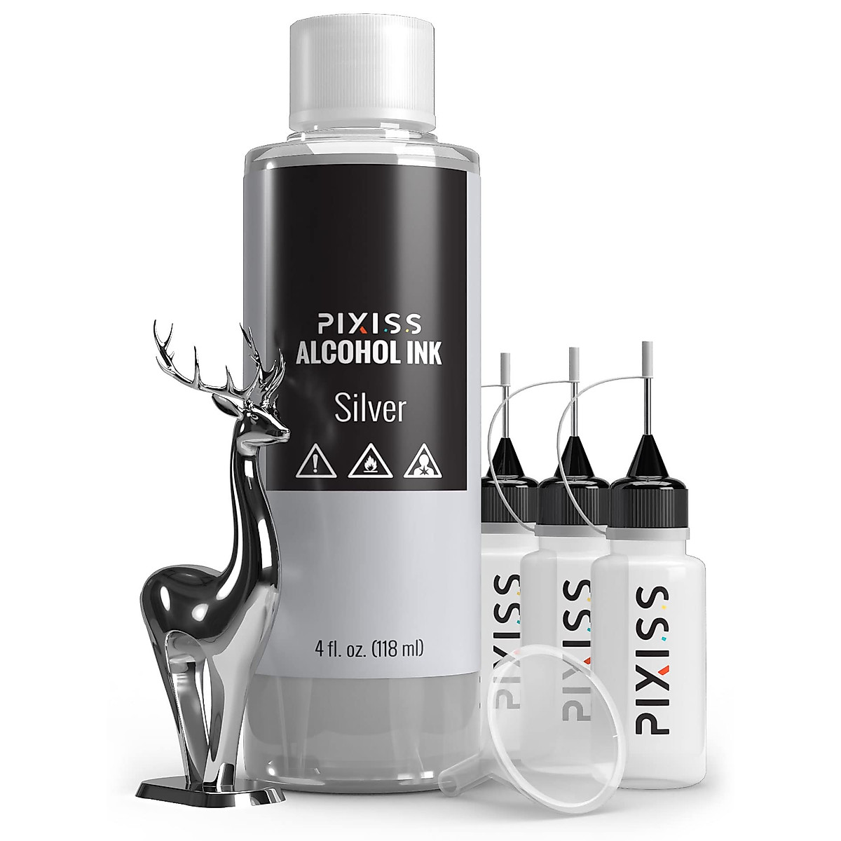Silver Alcohol Ink for Resin - Metallic Alcohol Ink Silver Color 4-Ounce for Epoxy Resin, Tumblers, Resin Art, Alcohol Ink Paper, Silver Pigment Ink, 3 Pixiss Needle Tip Applicator Bottles and Funnel