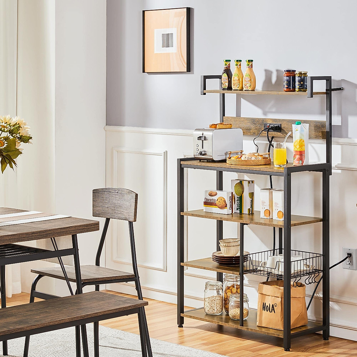 Yaheetech Bakers Rack with Power Outlet, Microwave Stand with Wire Basket & 6 S-Hooks, Coffee Bar Station w/5-Tier Storage Shelves, Storage Shelf Unit for Dinning Room/Living Room, Rustic Brown