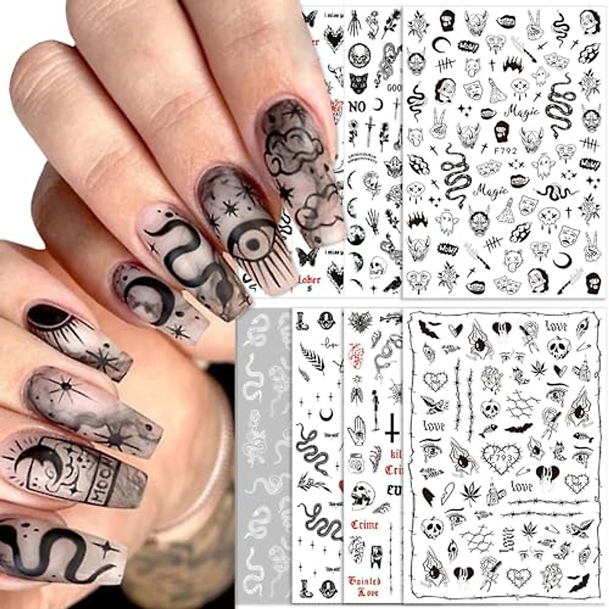 8 Sheets Black Snake Nail Art Stickers 3D Skull Gothic Nail Decals Designer Nail Stickers Nail Art Supplies Horror Goth Punk Ghost Face Nail Stickers Designs for Acrylic Nails Decorations Charms