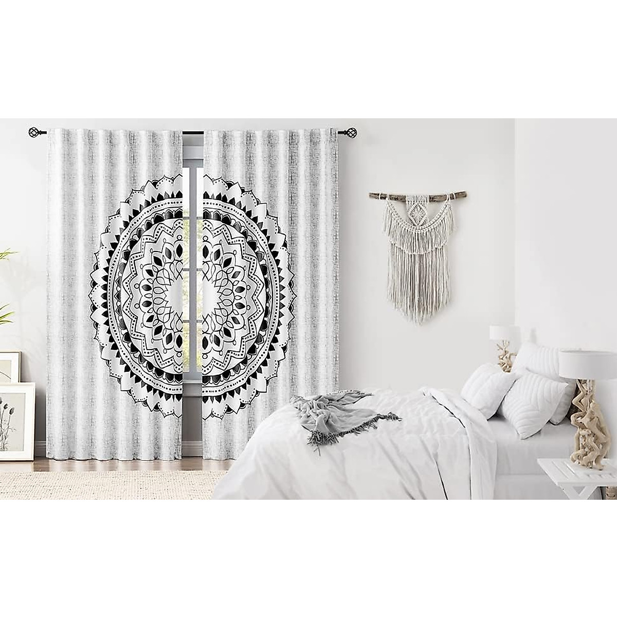 FMFUNCTEX 100% Blackout Curtains for Bedroom, Black Medallion Patterned Curtains 96 Inches Long for Living Room, Mandala Thermal Insulated Drapes Room Darkening Grommet Top 2 Panels