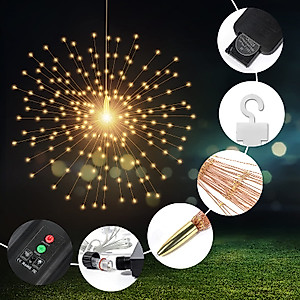 PXBNIUYA 4 Pack 800 Led Solar Starburst Sphere Lights,Firework Lights Remote Control Timer 8 Modes Dimmable Waterproof Hanging Fairy Light, Sparkly Lights for Patio Party Tent Christmas (Warm White)