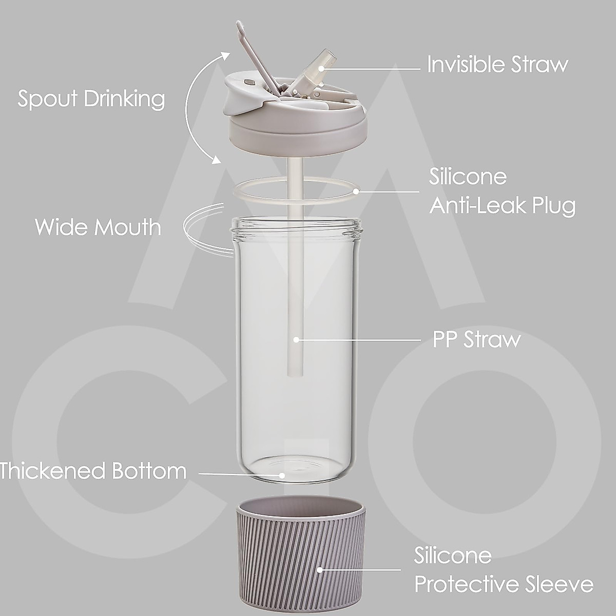 COMI Glass Travel Coffee Tumbler, Smoothie Cup Travel Dual-use Glass Coffee Cups with Lids Coffee Travel Cup with straw - 12 oz - Ash Grey