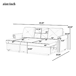 RUNWON 83" Sleeper Sofa Bed Convertible Sectional, 3-Seater L-Shape Corner Couch with Storage Chaise for Living Room Apartment, Gray