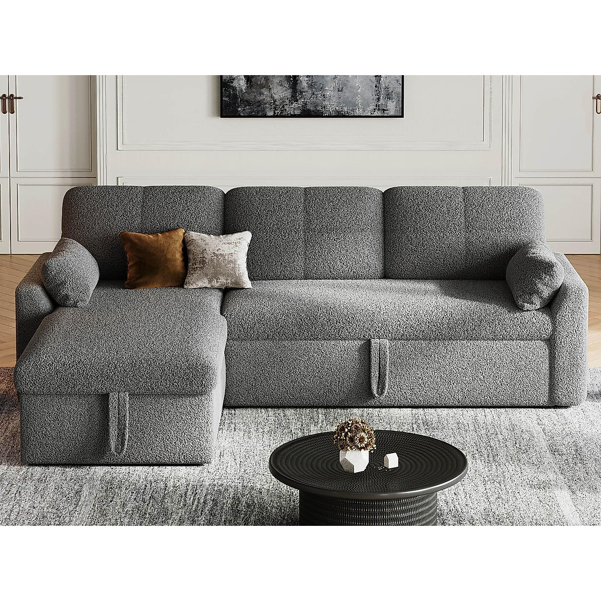 DWVO 86" Sectional Sofa Couch, 2 in 1 Sleeper Sofa Bed with Reversible Storage Chaise Pull Out Bed, L-Shape Sofa Bed for Living Room, Side Storage Pocket, Teddy Fleece, Grey