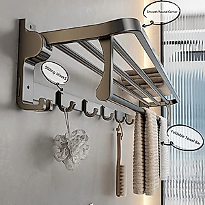 MUSTORN Bathroom Towel Rack with Towel Bar and Hooks 23.6 in Foldable Towel Shelf Wall Mounted Lavatory Towel Organizer Modern Gray Finish