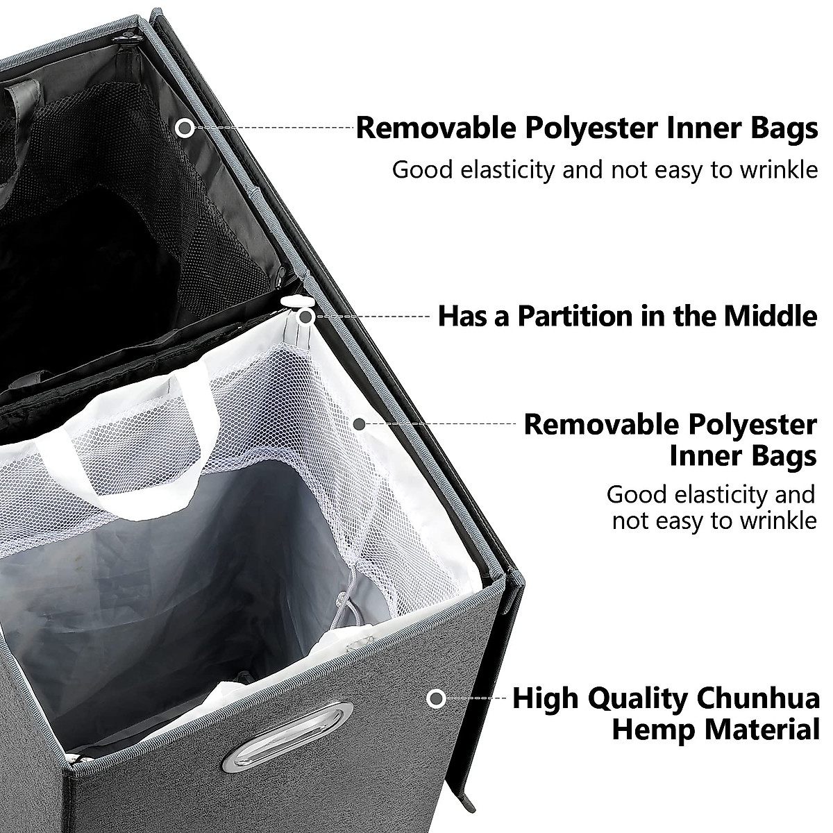 MaxGear Double Laundry Hamper with Lid and 2 Removable Bags, 130L Divided Laundry Basket Laundry Sorter 2 Section & Dual Handles, Large Collapsible Dirty Clothes Basket for Bedroom, Laundry Room, Gray