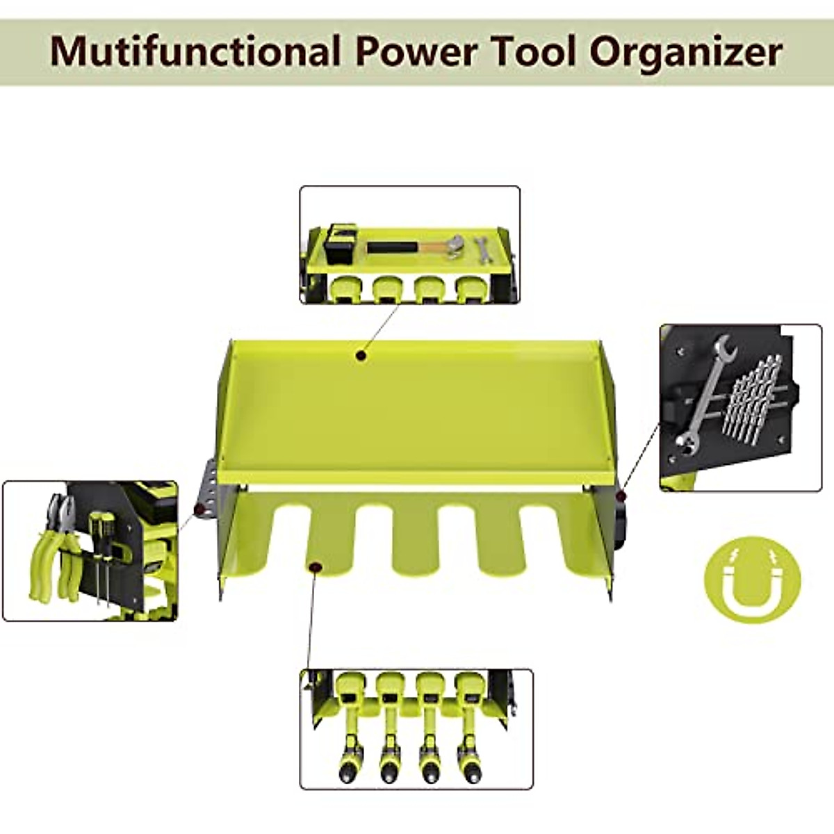Drill Storage Rack，Power Tool Organizer Drill Holder Wall Mount， Drill Organizer for Garage, Workshop,Drill Bit Storage Shlef, Holds 4 Drills with Screws Box (Green-2 Layer)