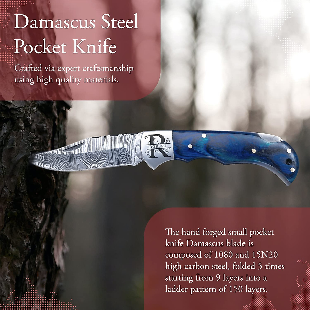 Morf Steelware Customized Damascus Steel Pocket Knife Handmade Folding Knives Small Pocket Knife for Outdoor, Camping, Hiking (Personalized Blue Pakka Wood)