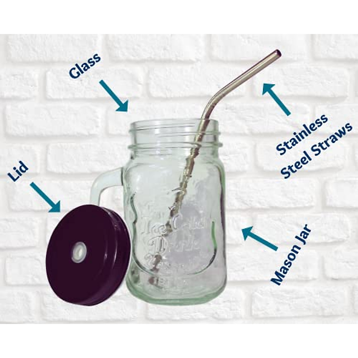 ( 2 PACK ) - Mason Jar Mugs with Handle, Stainless Steel Straw, & metal Lids 16 oz. (480ml) | Mason Jar Drinking Glasses | Reusable Boba Bubble Tea & Smoothie Cups | Tumbler for Bubble Tea, smoothie