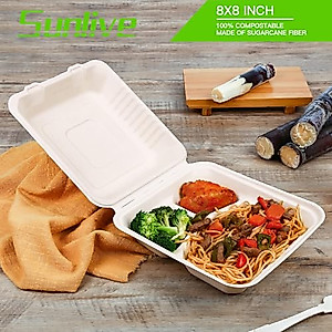 Sunlive 100% Home Compostable 50 Pack Disposable Clamshell Take Out Food Containers, 8X8'' 3-Compartment to go Containers, Biodegradable Heavy-Duty to go Boxes, Made of Sugarcane Fibers